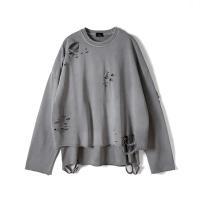 China Factory Wholesale Distressed Sweats Hoodie Custom Vintage Cotton Acid Wash Crew Neck Men'S  Ripped Raw Hem Sweatshirt for Men for sale