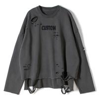 China Factory Wholesale Distressed Sweats Hoodie Custom Vintage Cotton Acid Wash Crew Neck Men'S  Ripped Raw Hem Sweatshirt for Men for sale