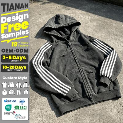 China Brand Custom Zip up Hoodies Oversized Heavyweight Acid Wash Distressed Boxy Stripe Hoodies for Men High Quality Cotton for sale