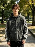 China Brand Custom Zip up Hoodies Oversized Heavyweight Acid Wash Distressed Boxy Stripe Hoodies for Men High Quality Cotton for sale