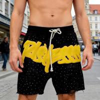 China Custom Streetwear Raw Hem Cotton Rhinestones Puff Print Shorts De Hombre Manufacturer Acid Wash Summer Boxer Men'S Shorts for sale