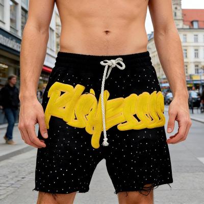 China Custom Streetwear Raw Hem Cotton Rhinestones Puff Print Shorts De Hombre Manufacturer Acid Wash Summer Boxer Men'S Shorts for sale