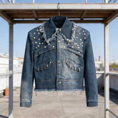 China Hot Sale Custom Vintage Washed Denim Jacket Winter Coats Fashion Rhinestone Diamond Heavy Loose Patchwork Decoration Lapel Rivet for sale