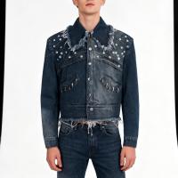 China Hot Sale Custom Vintage Washed Denim Jacket Winter Coats Fashion Rhinestone Diamond Heavy Loose Patchwork Decoration Lapel Rivet for sale