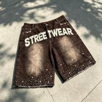 China Clothing Manufacturer Custom Men Jeans High Quality Streetwear Stone Wash Distressed Vintage Raw Edge Baggy  Print Jeans Shorts for sale