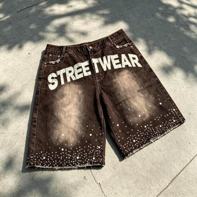China Clothing Manufacturer Custom Men Jeans High Quality Streetwear Stone Wash Distressed Vintage Raw Edge Baggy  Print Jeans Shorts for sale