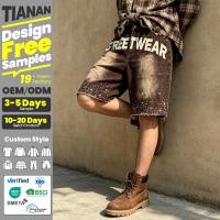 China Clothing Manufacturer Custom Men Jeans High Quality Streetwear Stone Wash Distressed Vintage Raw Edge Baggy  Print Jeans Shorts for sale