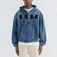 China Oem High Quality Printing Denim Fabric Zip up Hoodies Custom Streetwear Acid Washed Vintage Light Blue Drawstring Men Hoodie for sale