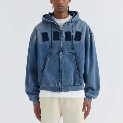 China Oem High Quality Printing Denim Fabric Zip up Hoodies Custom Streetwear Acid Washed Vintage Light Blue Drawstring Men Hoodie for sale