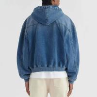 China Oem High Quality Printing Denim Fabric Zip up Hoodies Custom Streetwear Acid Washed Vintage Light Blue Drawstring Men Hoodie for sale