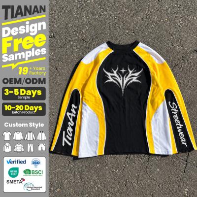 China Tianan Streetwear Supplier Custom Men's Long Sleeve T Shirts Color Block Embroidery Printed Logo Loose Fit Casual T-Shirts for sale