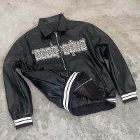 China Custom Embroidered Rhinestone Leather Zip up Jacket for Men Manufacturer High Quality Plus Size Varsity Winter Streetwear Jacket for sale