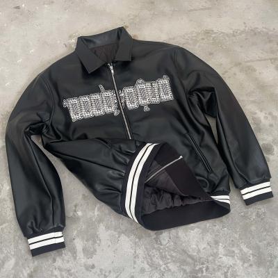 China Custom Embroidered Rhinestone Leather Zip up Jacket for Men Manufacturer High Quality Plus Size Varsity Winter Streetwear Jacket for sale