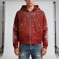 China Designer Streetwear Acid Wash French Terry 100% Cotton Sweatshirt Custom Rhinestone Diamond Zip up Oversized Boxy Men's Hoodie for sale