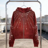 China Designer Streetwear Acid Wash French Terry 100% Cotton Sweatshirt Custom Rhinestone Diamond Zip up Oversized Boxy Men's Hoodie for sale