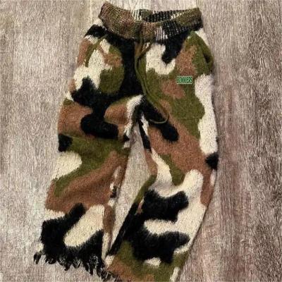 China Custom Streetwear Men'S Mohair Wool Flare Pants Winter Unisex Print Drawstring Fluffy Knit Track Camo Cargo Sweatpants for Men for sale