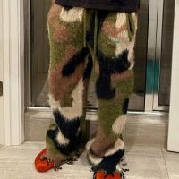China Custom Streetwear Men'S Mohair Wool Flare Pants Winter Unisex Print Drawstring Fluffy Knit Track Camo Cargo Sweatpants for Men for sale