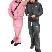 China Custom Vintage Jogging Sweatsuit Men Clothing Distressed Cotton Applique Embroidery Flared Sweatpants and Cropped Hoodie Sets for sale