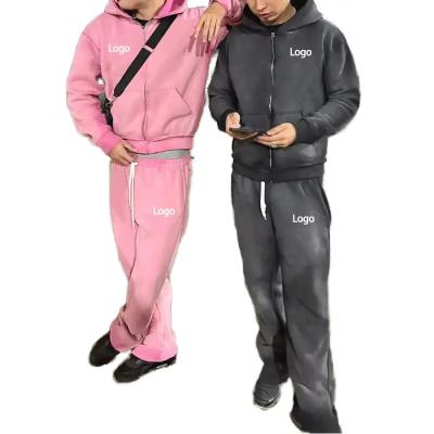 China Custom Vintage Jogging Sweatsuit Men Clothing Distressed Cotton Applique Embroidery Flared Sweatpants and Cropped Hoodie Sets for sale