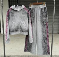China Custom Streetwear Designer Leopard Print Tracksuit Cotton Vintage Acid Wash Outfits Sweatpants and Hoodie Sets Zip up Sweatsuit for sale