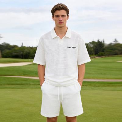 China Men's Summer Polo Shirt Sets Waffle Hollowed-out Breathable Comfortable Suit Custom Casual Sportswear Button Short Sleeve Outfit for sale