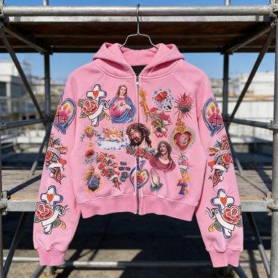 China Oem/Odm 2025 New Fashion Streetwear Hip Hop Acid Wash Hoodie Custom Sun Faded Oversized Print Zip up Heavyweight Men'S Hoodies for sale