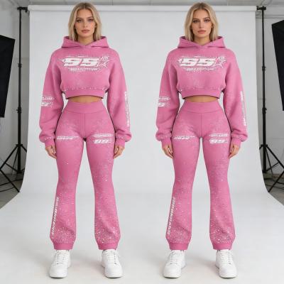 China Hot Supplier Wholesale High Quality Outdoor Loose Rhinestone Women Tracksuit Custom Print Sweatsuit Letter Long 2 Piece Set for sale