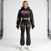 China Hot Supplier Wholesale High Quality Outdoor Loose Rhinestone Women Tracksuit Custom Print Sweatsuit Letter Long 2 Piece Set for sale