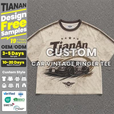China Vintage Washed Crop T-Shirt | Racing Car Graphic Ringer Tee | Unisex Retro Streetwear Short Sleeve Top for sale