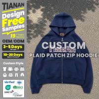 China Navy Zip Up Hoodie | Plaid Fabric Patch Letter Logo Oversized Fleece Jacket | Unisex Vintage Streetwear Hooded Top for sale