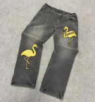 China Vintage Grey Washed Flare Jeans | Yellow Flamingo Embroidery Patch Denim Pants | Unisex Y2K Streetwear Bottoms for sale