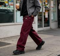 China Burgundy Acid Wash Wide Leg Jeans | Bat Metal Pocket Detail Embroidered Denim Pants | Unisex Gothic Streetwear Trousers for sale