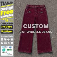 China Burgundy Acid Wash Wide Leg Jeans | Bat Metal Pocket Detail Embroidered Denim Pants | Unisex Gothic Streetwear Trousers for sale