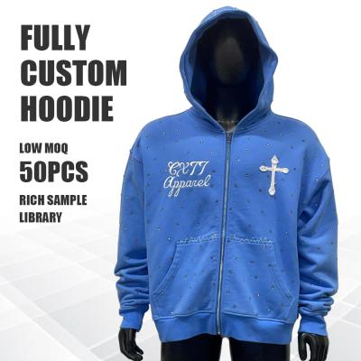 China Tianan Clothing Manufacturer Custom Hoodies Loose Streetwear Rhinestone Applique Embroidery Logo Cotton Zipper Hoodies for Men for sale