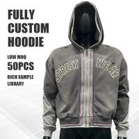 China Tianan Clothing Custom Hoodies Patchwork Multi Zip Hood Rhinestone Acid Wash Distressed Embroidered Logo Streetwear Print Hoodie for sale