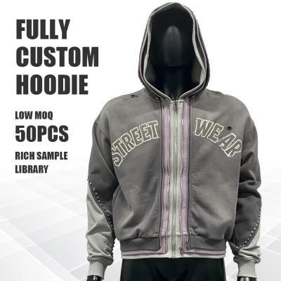 China Tianan Clothing Custom Hoodies Patchwork Multi Zip Hood Rhinestone Acid Wash Distressed Embroidered Logo Streetwear Print Hoodie for sale