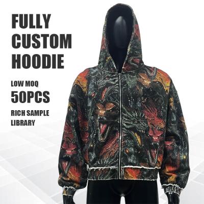 China Tianan Custom Cotton Hoodies All Over Print Camo Dragon Graphic Embroidery Distressed Raw Hem Oversized Streetwear Men's Hoodie for sale