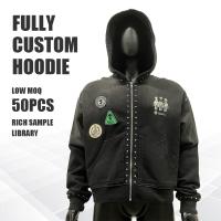 China Tianan Custom Vintage Zipper Hoodies Acid Wash Patch Applique Screen Print Multi Color Rhinestone Loose Streetwear Men's Hoodie for sale