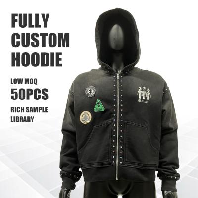 China Tianan Custom Vintage Zipper Hoodies Acid Wash Patch Applique Screen Print Multi Color Rhinestone Loose Streetwear Men's Hoodie for sale