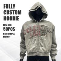 China Custom Double Hood Zipper Vintage Acid Wash Applique Rhinestone Screen Print Frayed Distressed Highweight Quality Men's Hoodies for sale
