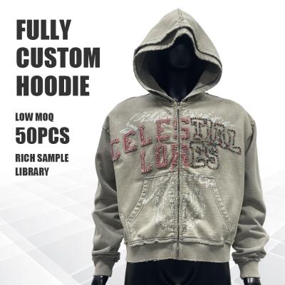 China Custom Double Hood Zipper Vintage Acid Wash Applique Rhinestone Screen Print Frayed Distressed Highweight Quality Men's Hoodies for sale