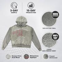 China Custom Double Hood Zipper Vintage Acid Wash Applique Rhinestone Screen Print Frayed Distressed Highweight Quality Men's Hoodies for sale