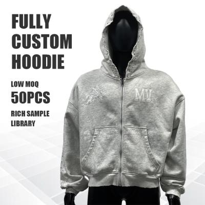 China Tianan Vintage Hoodies Custom Graffiti Rhinestone Distressed Faux Leather Applique Embroidered Logo Loose Streetwear Men Hoodie for sale