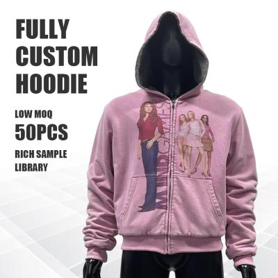 China OEM Custom Vintage Double Sided Hoodie Acid Wash Screen Print Distressed Boxy Reversible Heavyweight 480Gsm Zipper Men's Hoodies for sale