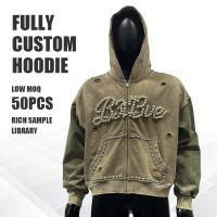 China Tianan Custom Acid Wash Hoodie Vintage Stone Wash Distressed Pearl Rhinestone Spliced Sleeve Streetwear Loose Boxy Zipper Hoodie for sale