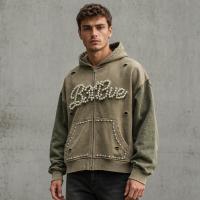 China Tianan Custom Acid Wash Hoodie Vintage Stone Wash Distressed Pearl Rhinestone Spliced Sleeve Streetwear Loose Boxy Zipper Hoodie for sale