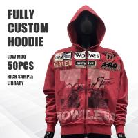 China Custom Acid Wash Hoodie Vintage Screen Print Embroidery Pattern Logo Boxy Heavyweight Frayed Zipper Streetwear Men's Hoodies for sale