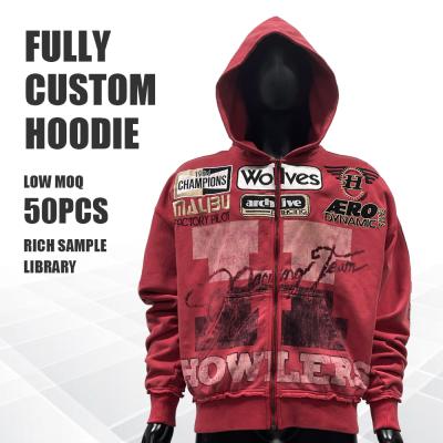 China Custom Acid Wash Hoodie Vintage Screen Print Embroidery Pattern Logo Boxy Heavyweight Frayed Zipper Streetwear Men's Hoodies for sale