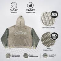 China Tianan Custom Acid Wash Hoodie Vintage Stone Wash Distressed Pearl Rhinestone Spliced Sleeve Streetwear Loose Boxy Zipper Hoodie for sale