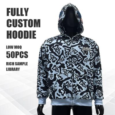 China Tianan Custom Camo All Over Print Full Zip Hoodie Embroidery Applique Streetwear Loose Boxy Multi Zipper Spliced Padded Hoodie for sale